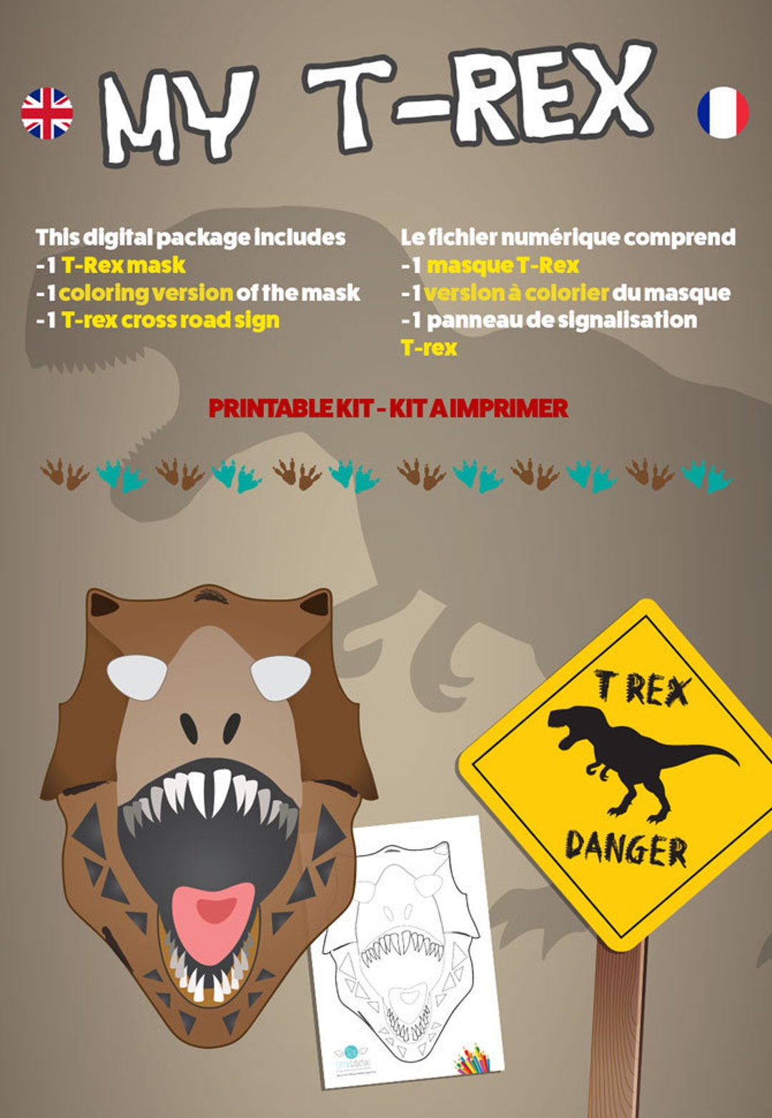 Dinosaur Mask (t-rex) and Its Coloring Version, and Dinosaur Cross Road ...