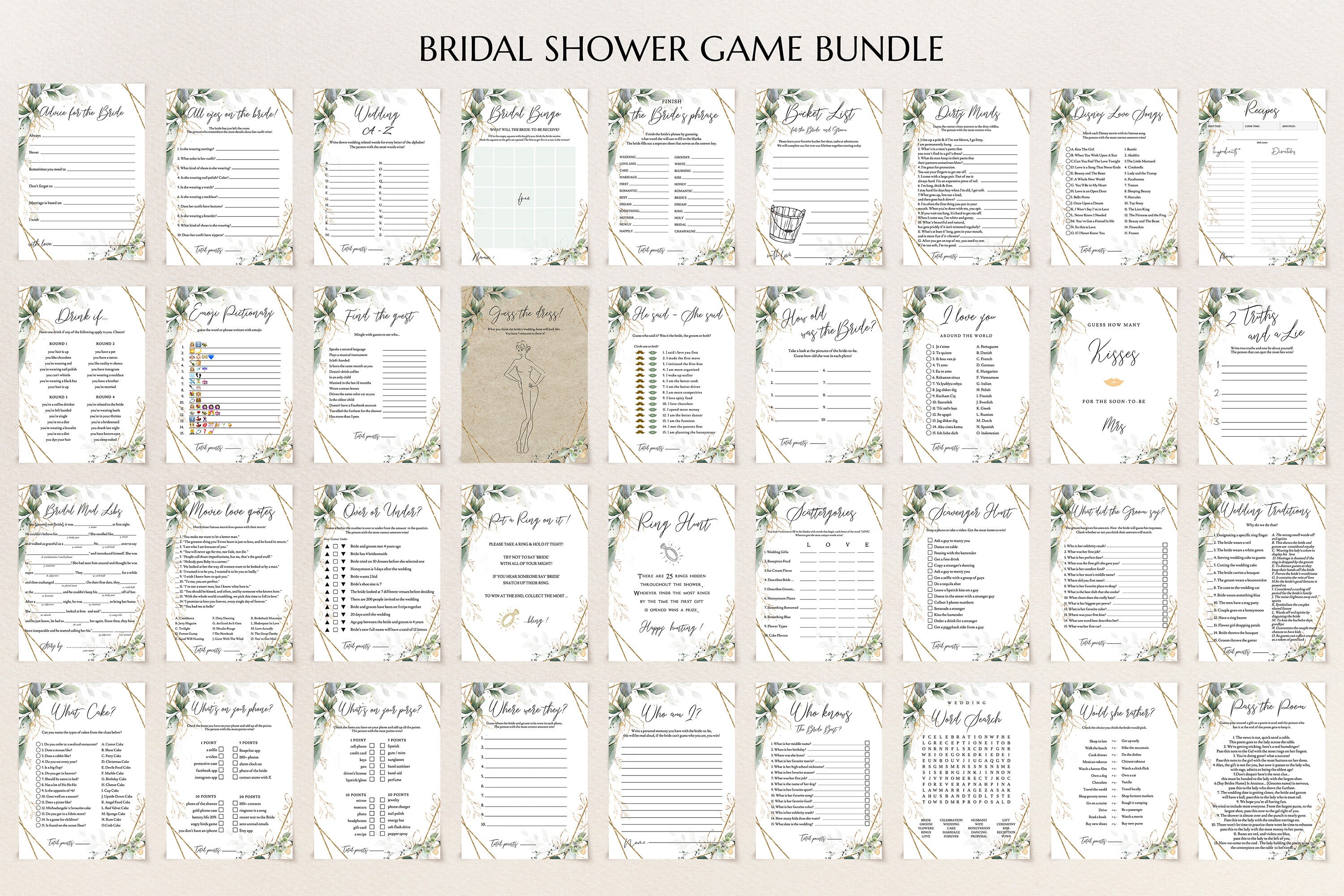 36 Greenery Bridal Shower Games Bundle Printable Wedding - Etsy