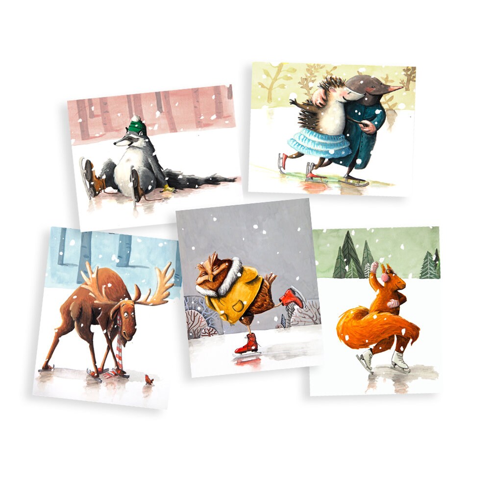 Holiday Cards Set Ice Skaters (set of 5) - Etsy