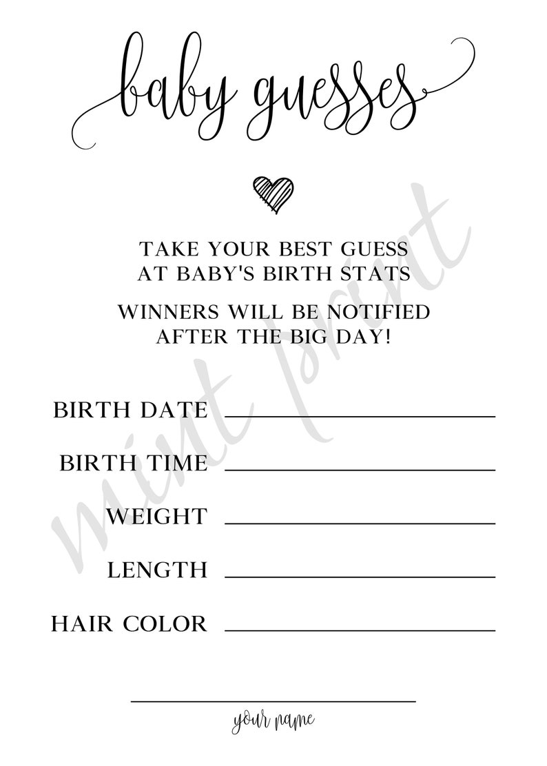 Baby Guesses Cards, Due Date Calendar, Baby Guess Game Template, Baby ...