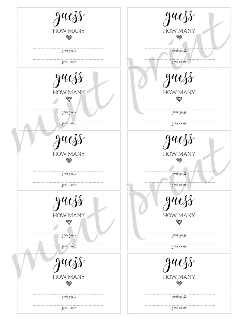 Guess How Many Sign and Cards, Guess How Many Game, Bridal Shower Guess ...