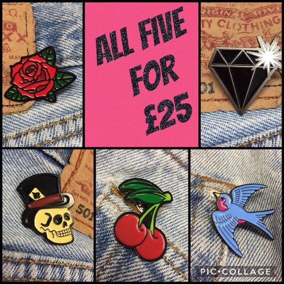 Set of five soft enamel pins tattoo rockabilly alt pin | Etsy