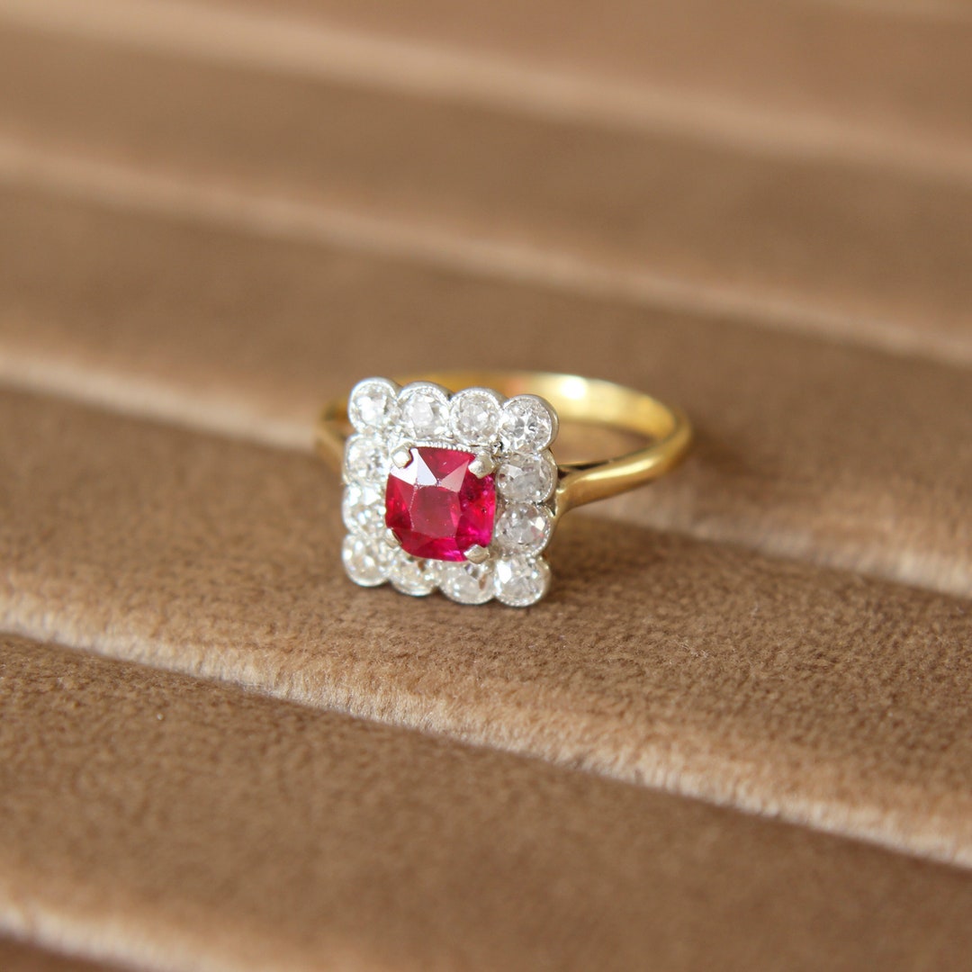 Art Deco Unheated Burmese Mogok Ruby and Old Cut Diamond Cluster Ring ...