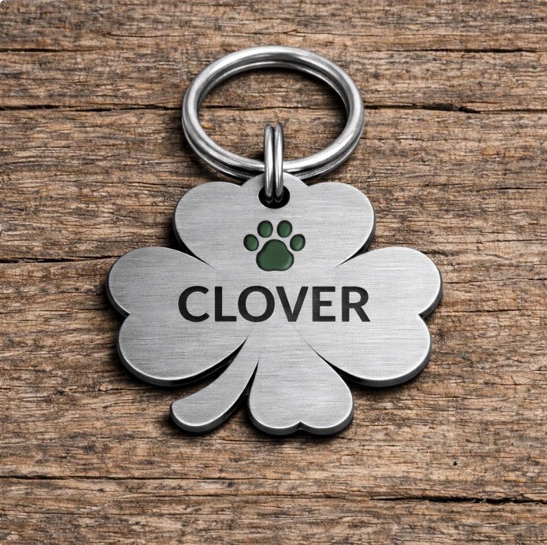 Shamrock Pet ID Tag Personalized | 4 Leaf Clover Dog Tag Silver Brushed ...