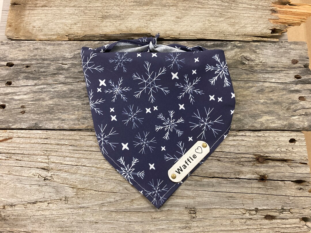 Dog Bandana, Winter Snowflakes Navy Blue, White Leather Personalized ...