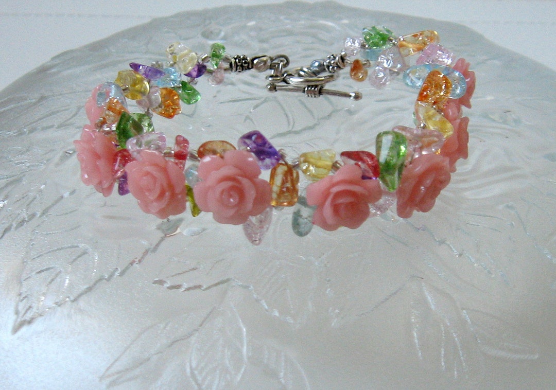 Bracelet; Romantic Pink Rose Flower Bracelet Shabby Chic Style - Etsy