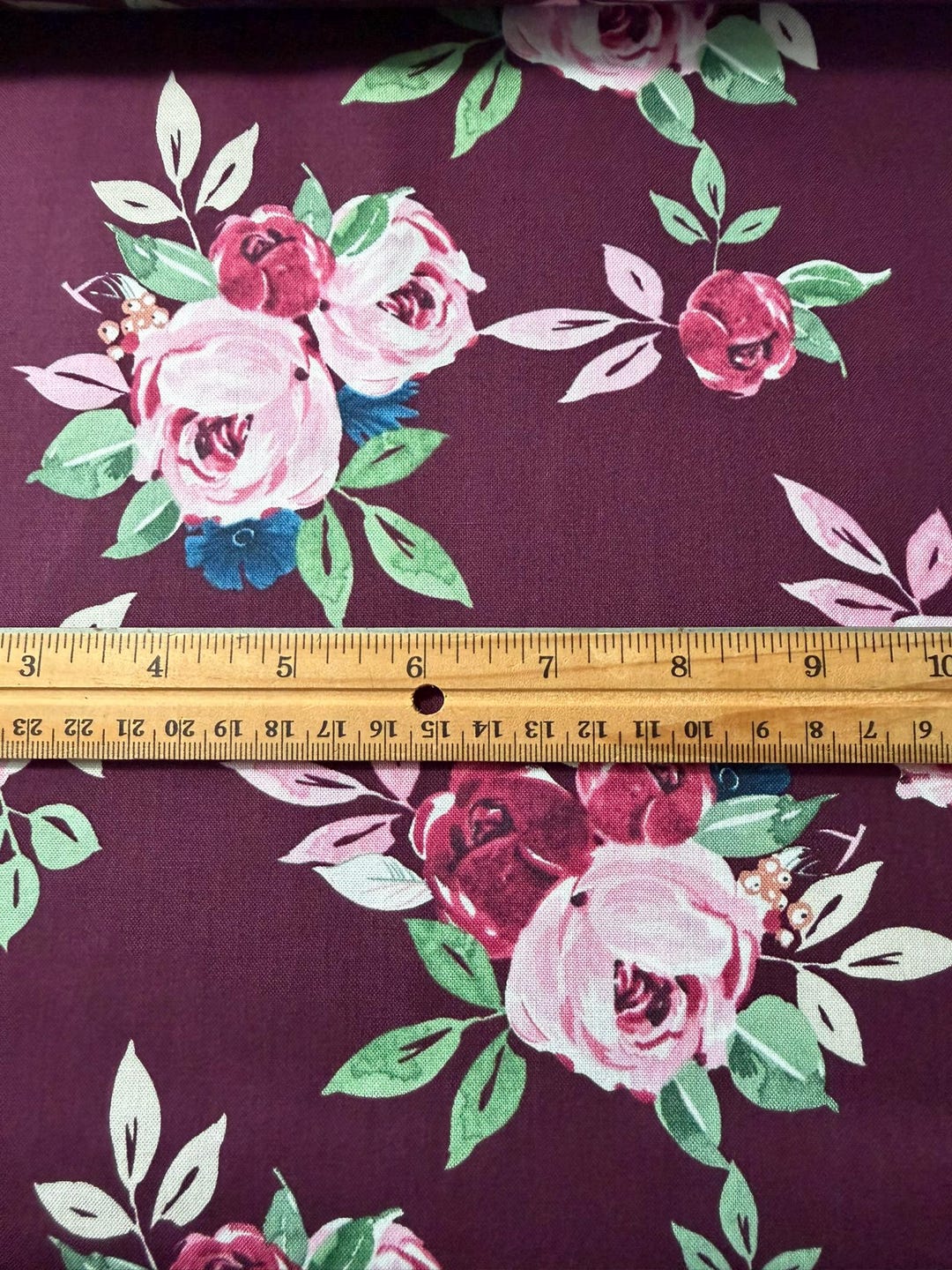 Berry-colored Background and Pink Roses - 100% Cotton - Quilting ...