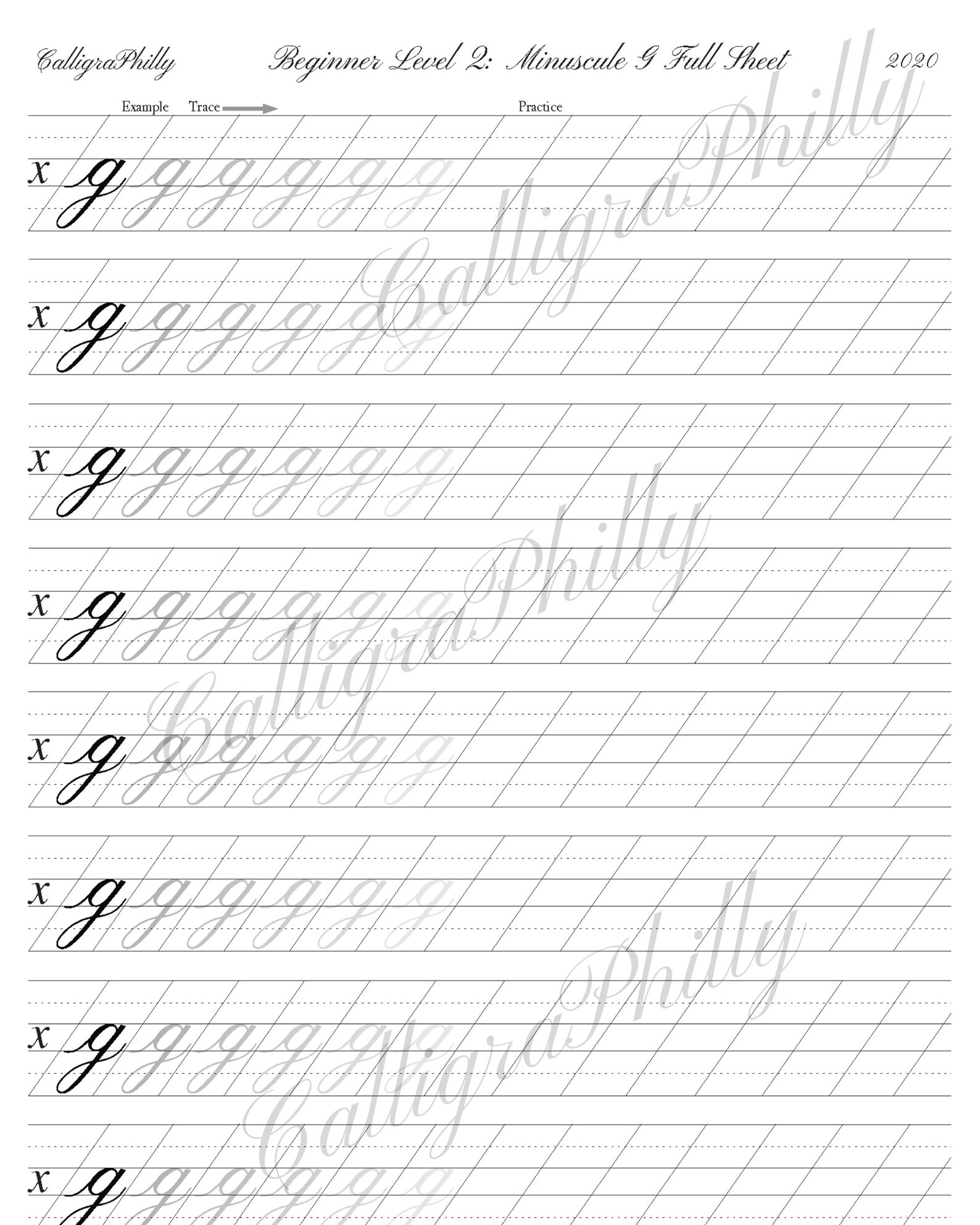 Beginner Level 2: Full Sheet of Lowercase Letter G Practice Copperplate ...