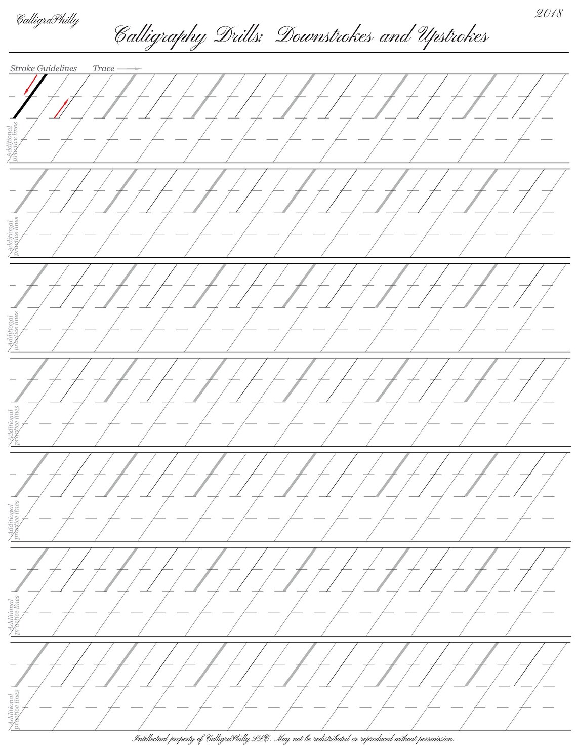 Beginner Level 1 Full Sheet of Downstroke/upstroke Exercise Practice Copperplate Calligraphy ...