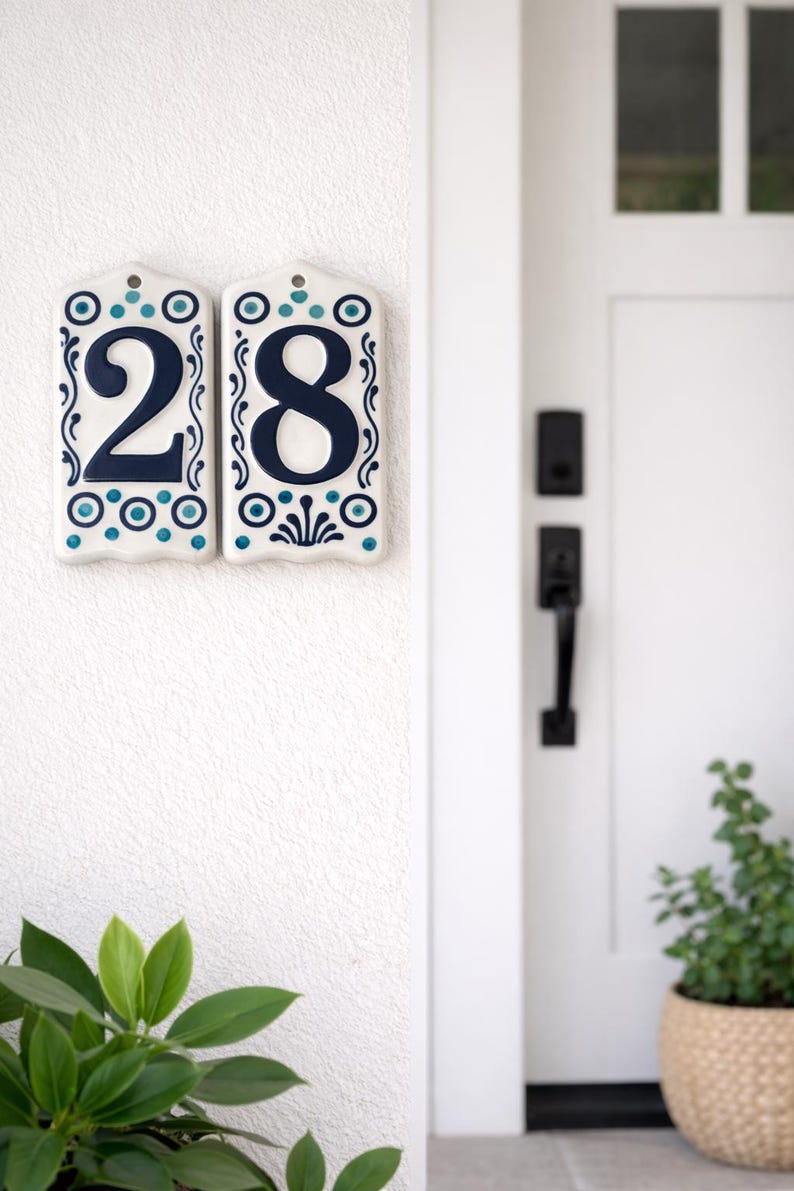 Handmade Ceramic House Number Tile – White & Turquoise, Raised Script ...
