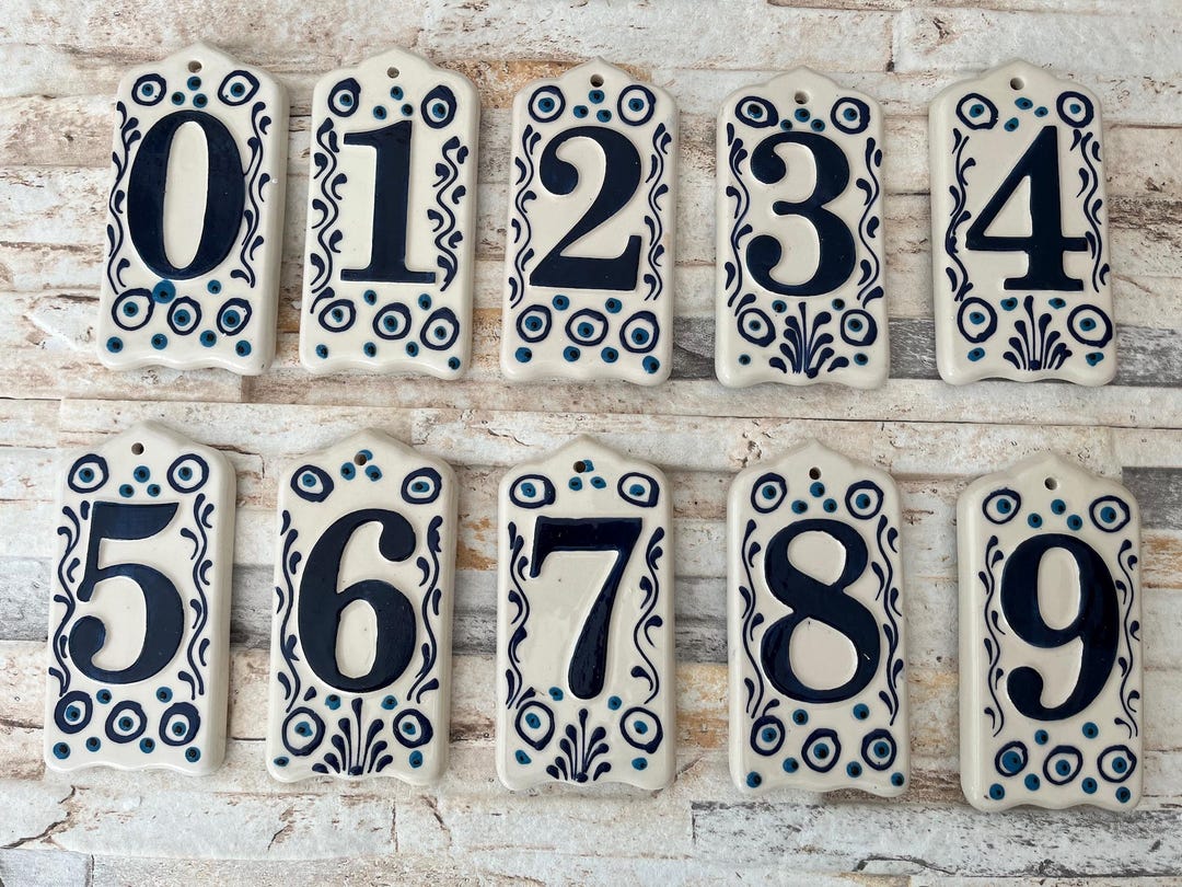 Handmade Ceramic House Number Sign – White/turquoise Tile With Raised ...