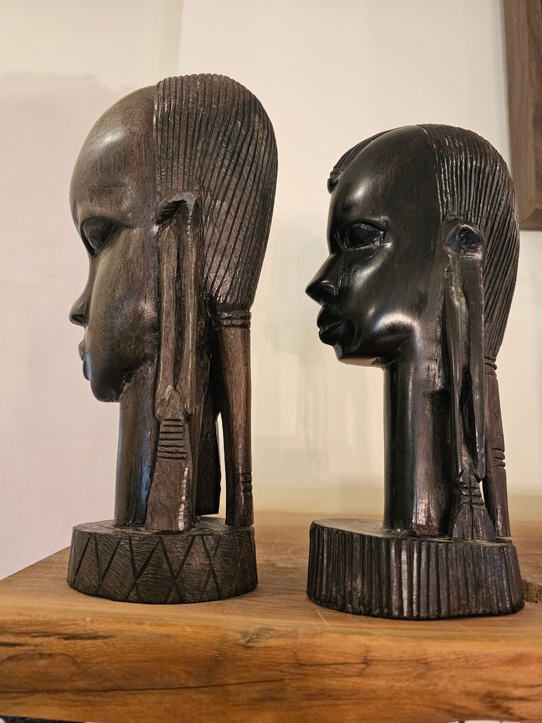 Vintage Pair Ebony Carved Heads, African Hand Carved Ebony Figurines ...