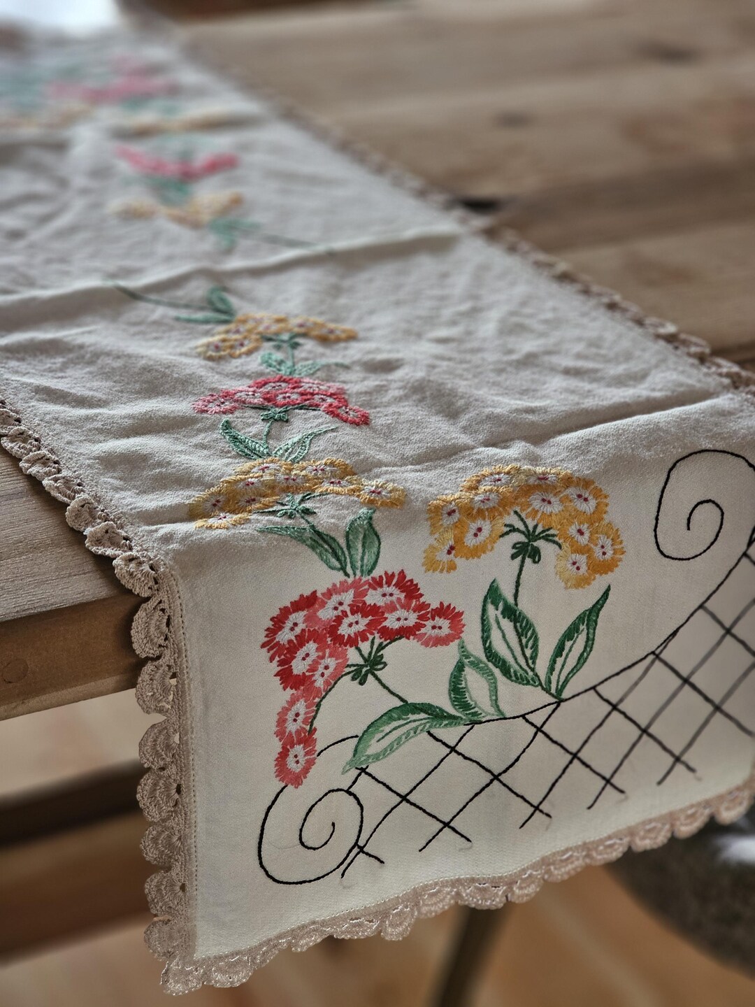 Embroidered Cotton Hygge Table Runner / Crochet Lace / Crochet ...