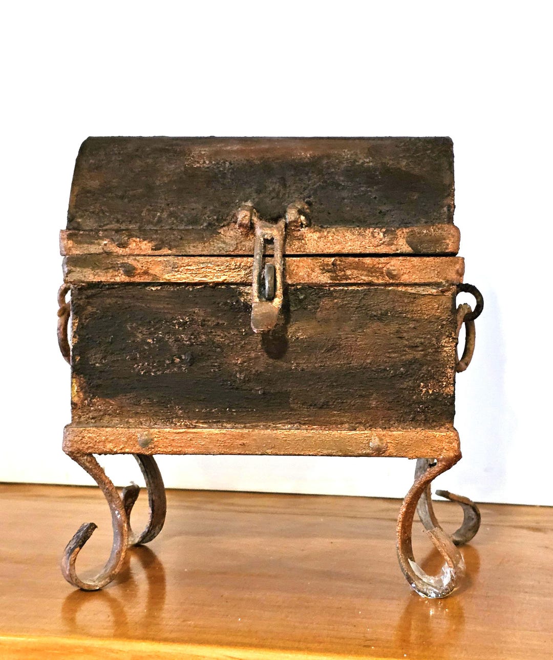 Vintage Aged Metal Treasure Chest, Metal Barrel, Primitive Folk Art ...