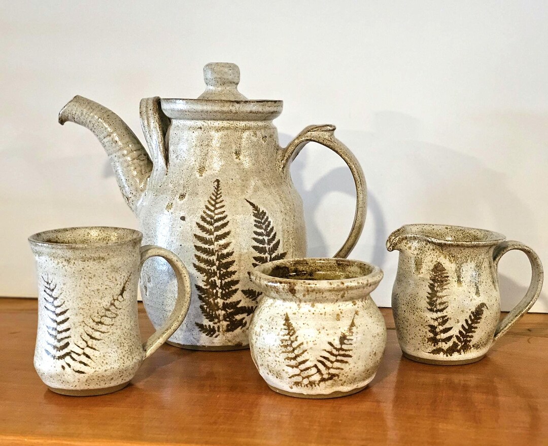 Vintage Studio Pottery Stoneware Teapot, Creamer and Sugar Pot, Fern ...