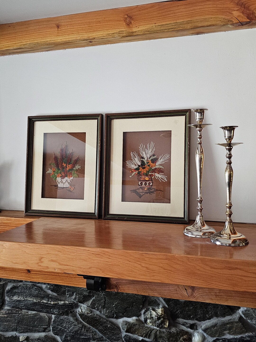 2 Vintage Embroidered Art Pieces- 70s MCM Wall Art - Framed Textile Art ...