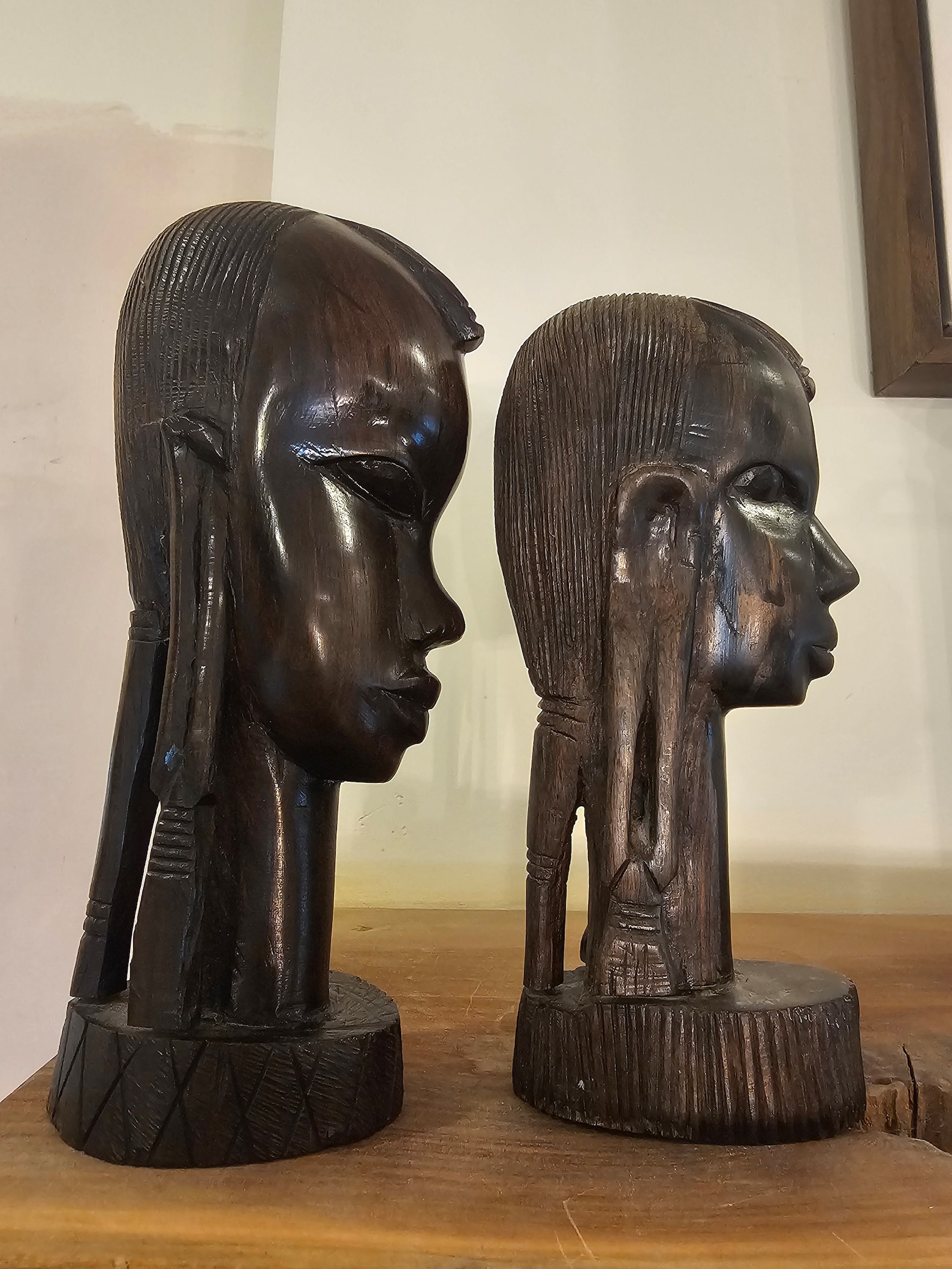 Vintage Pair Ebony Carved Heads, African Hand Carved Ebony Figurines ...