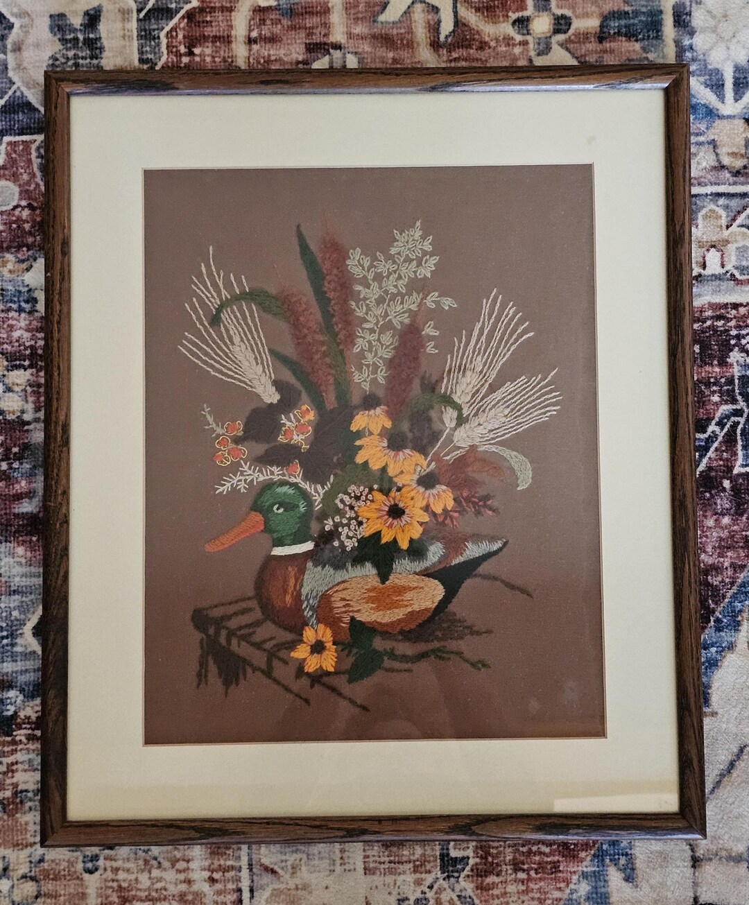 Vintage Embroidered Art - 70s MCM Wall Art - Framed Textile Art - Retro ...