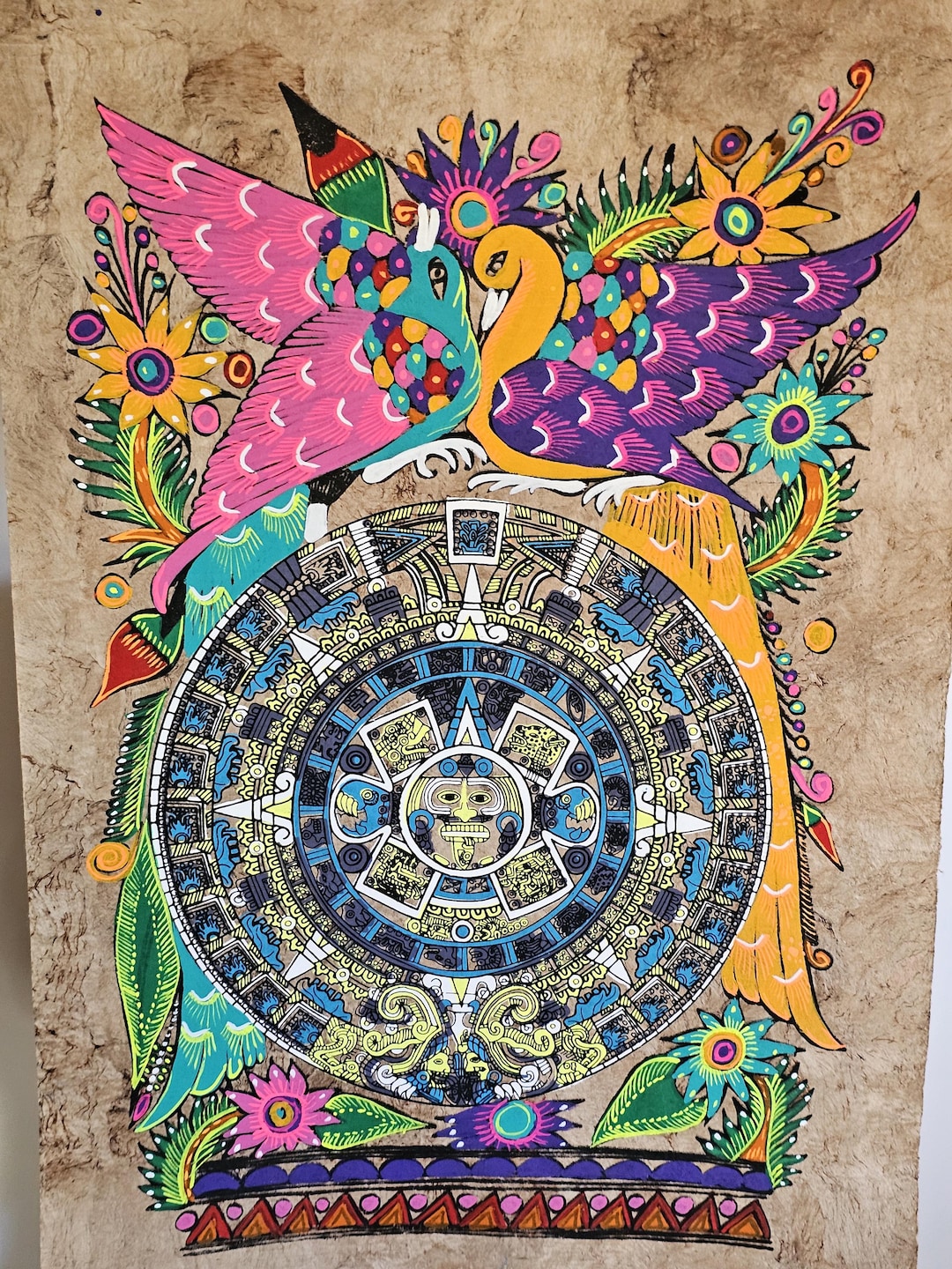 Vintage 70s Mexican Paper Amate Bark Art - Aztec Sun Stone Art ...
