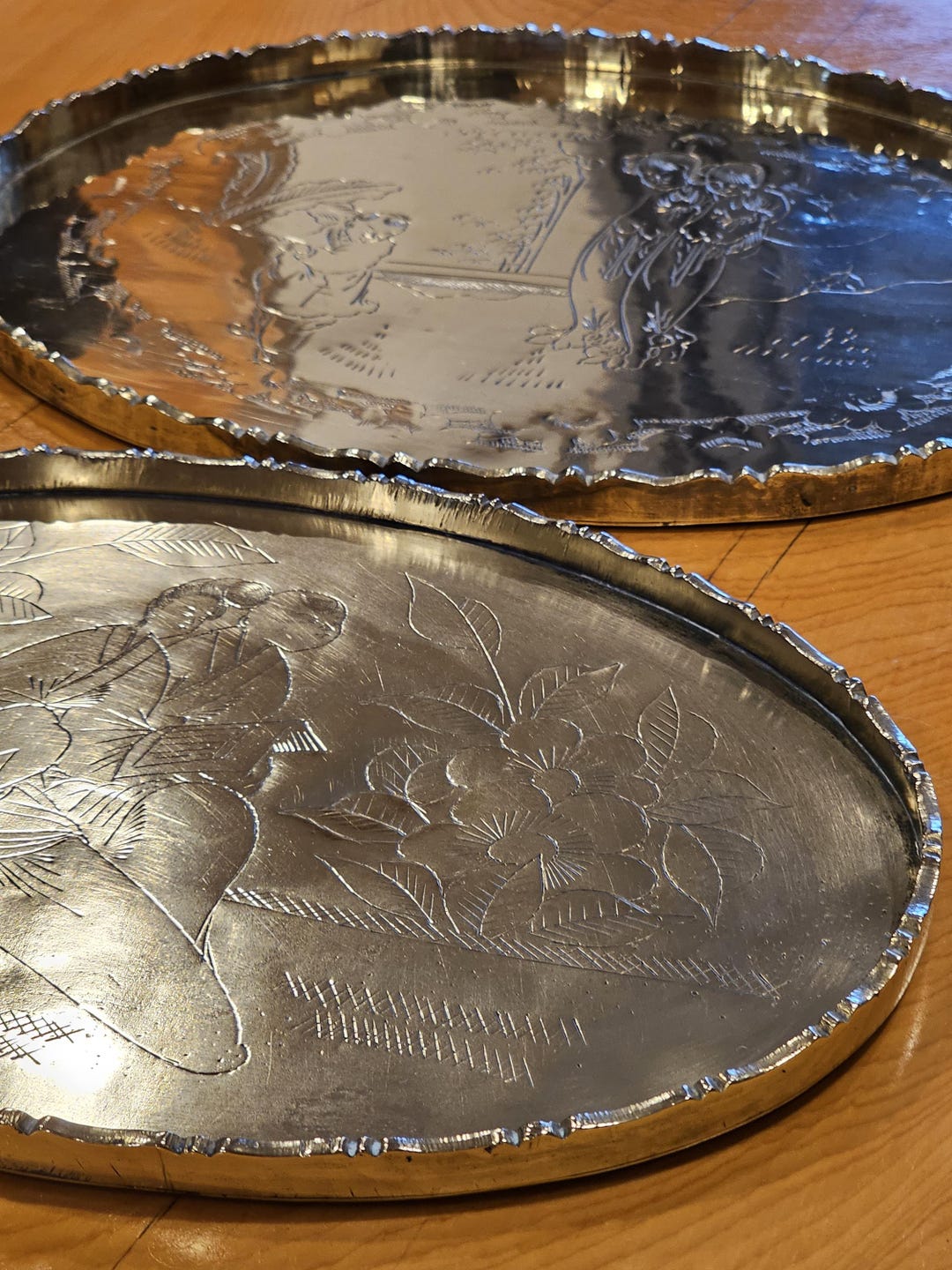 Pair of Vintage Etched Solid Brass Trays - Etched Brass Platters - MCM ...
