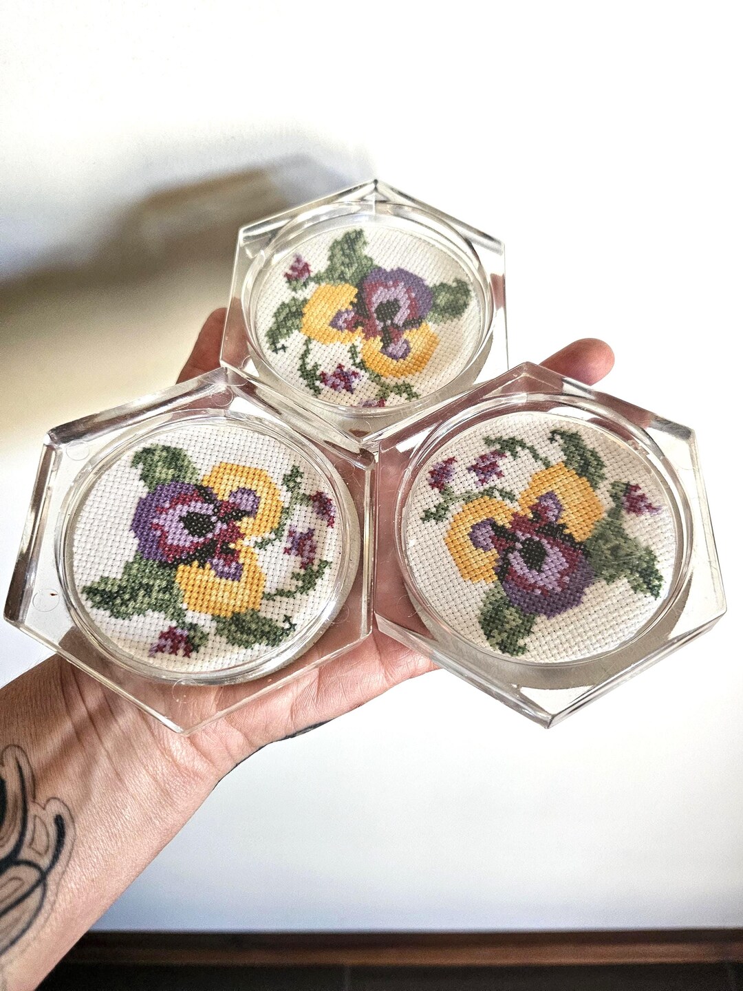 3 Vintage Cross Stitch Acrylic Coasters - Hexagon Coasters - Farmhouse ...