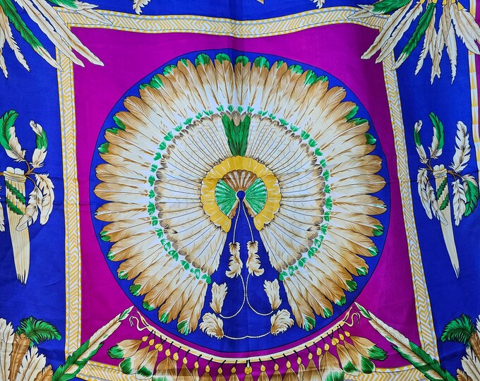 Vintage Silk Square, Brazil Silk Square, Feathers, Pink, Blue, Green ...