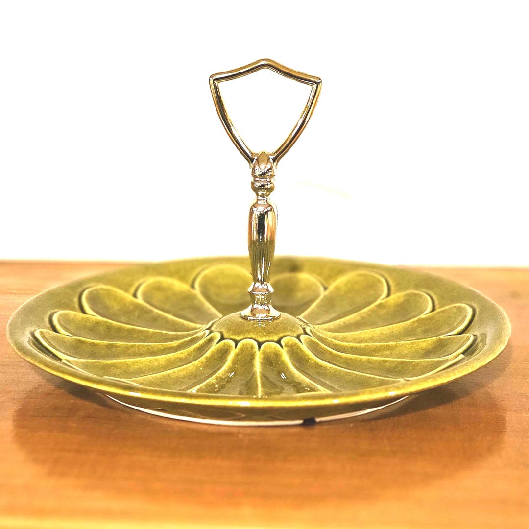 Vintage MCM Appetizer Serving Tray With Handle - Olive Green Appetizer ...