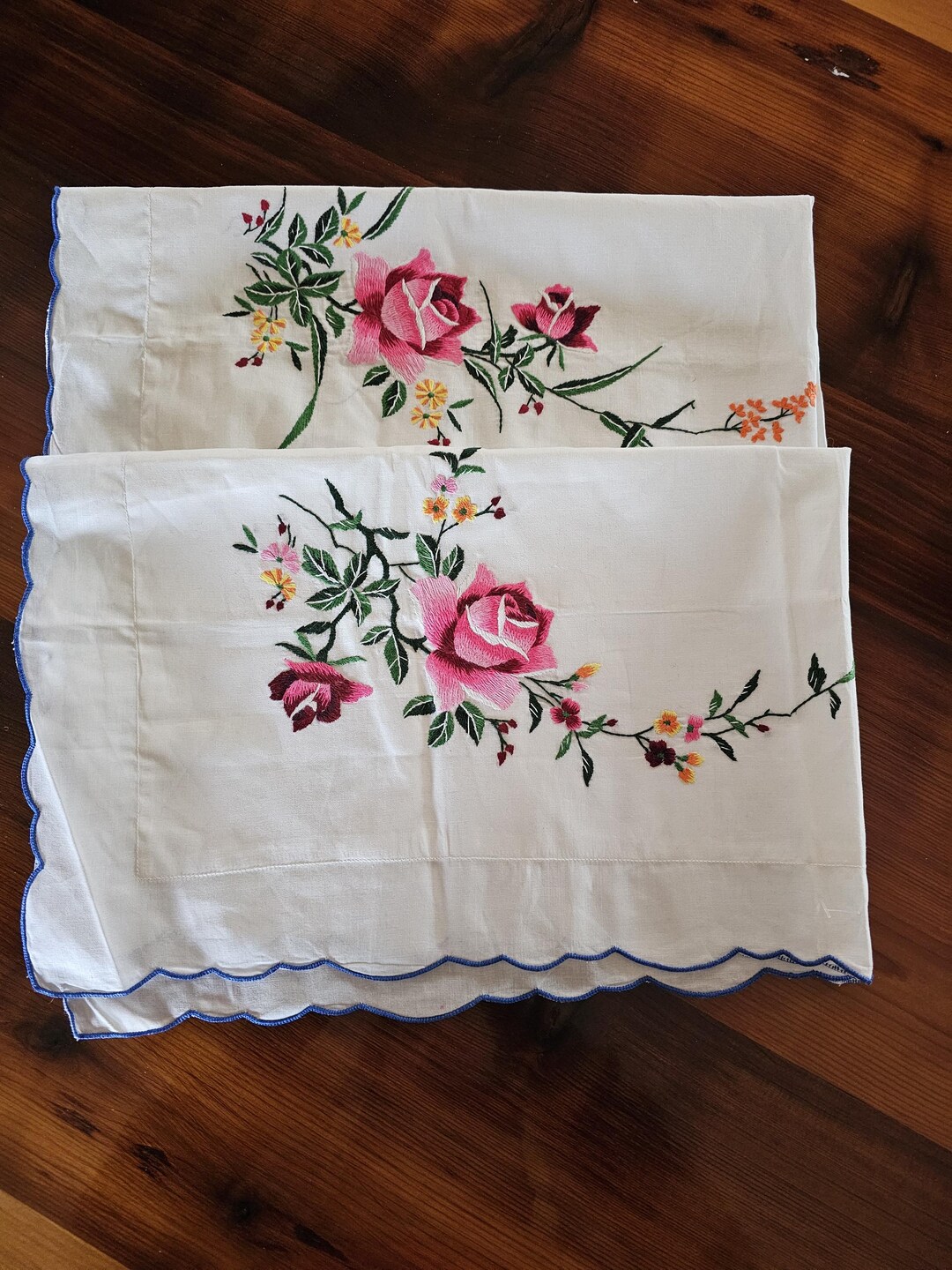 2 Beautiful Embroidered Cotton Standard Pillowcases, Cottage, Granny ...