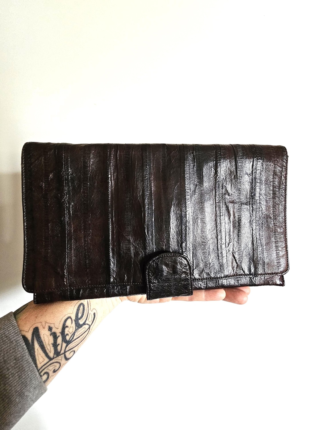 Vintage Eel Skin Leather Clutch Handbag - Vintage 80s Dark Brown ...