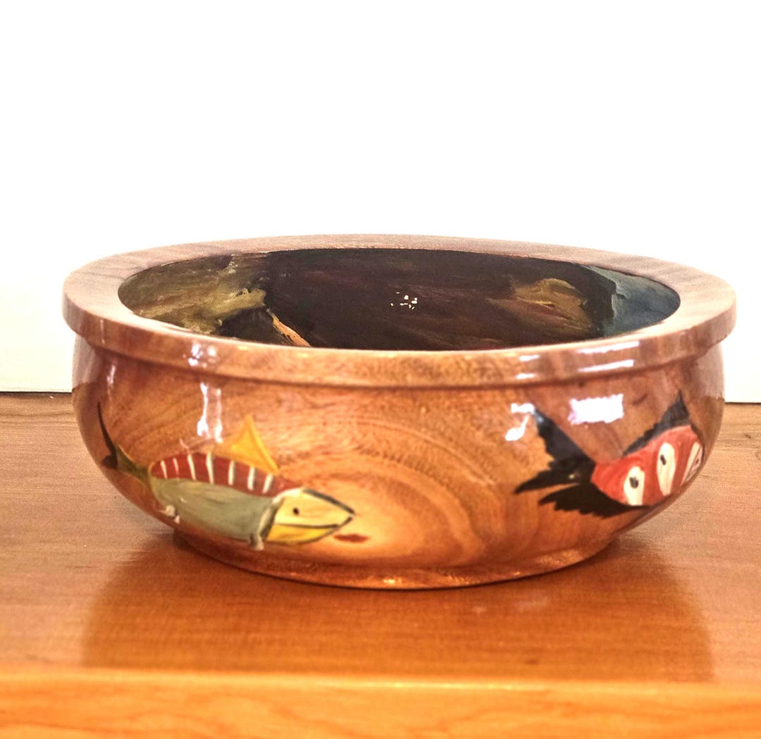 Vintage Wood Bowl / Turned Wood Bowl / Dolphin Bowl / Hand Painted ...