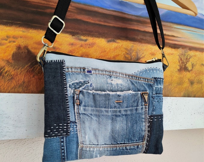 Boro Denim Bag, Repurposed Denim Crossbody Bag, Hand Embroidery Sashiko ...
