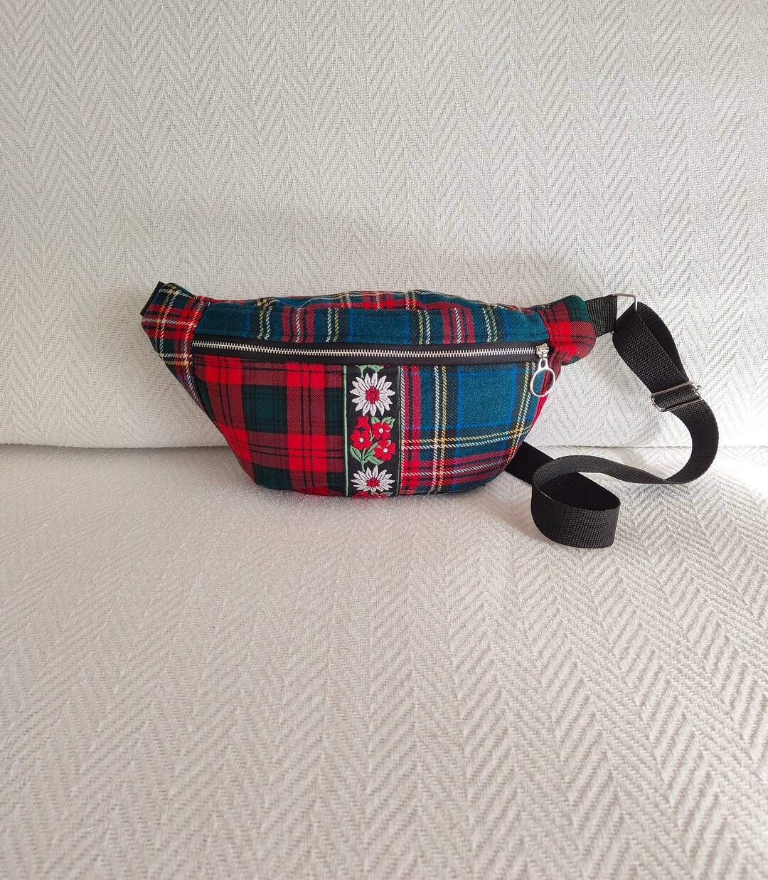 Tartan Wool Bum Bag, Crossbody Bag 100% Wool Tartan With Edelweiss ...