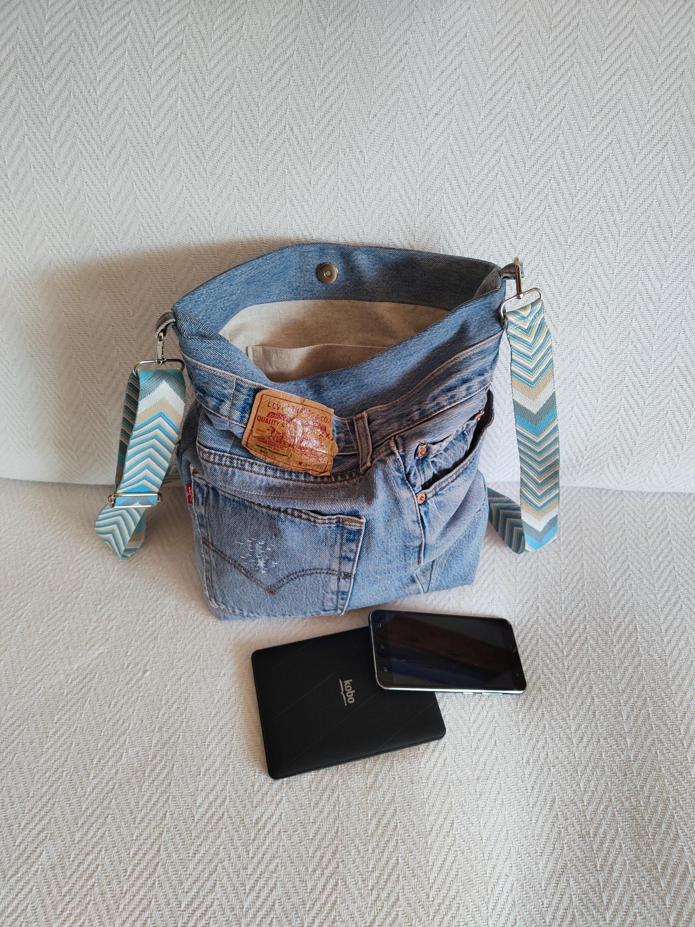 Upcycled Denim Crossbody Bag, Jacquard Guitar Strap, Handmade Hobo ...