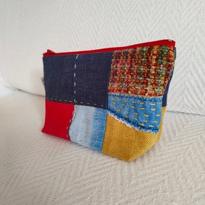 Patchwork Zip Pouch, Recycled Denim and Textiles Pouch Sashiko Hand ...