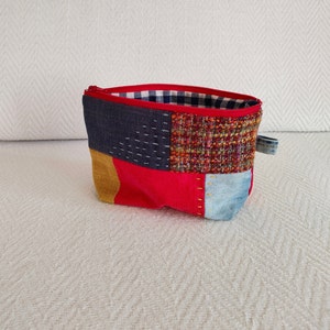 Patchwork Zip Pouch, Recycled Denim and Textiles Pouch Sashiko Hand ...