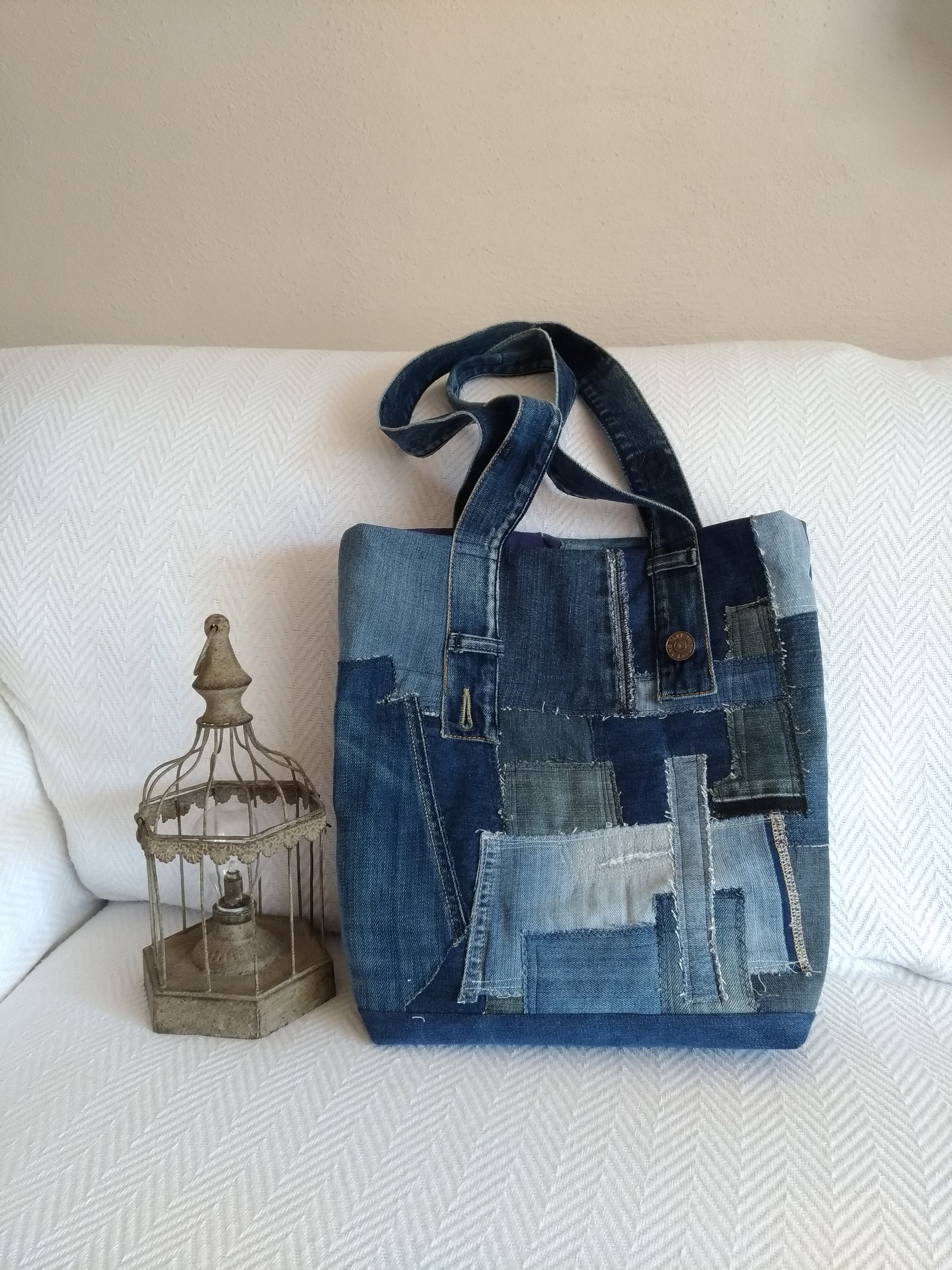 Patchwork Denim Tote Bag Upcycled Denim Bag Recycled Jeans | Etsy