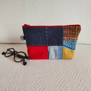 Patchwork Zip Pouch, Recycled Denim and Textiles Pouch Sashiko Hand ...