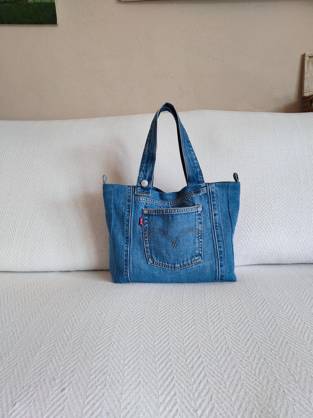 Small Denim Tote Bag, Upcycled Blue Jeans Handbag Multi Pockets ...