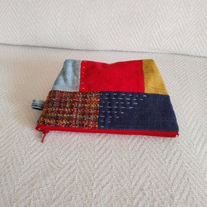 Patchwork Zip Pouch, Recycled Denim and Textiles Pouch Sashiko Hand ...