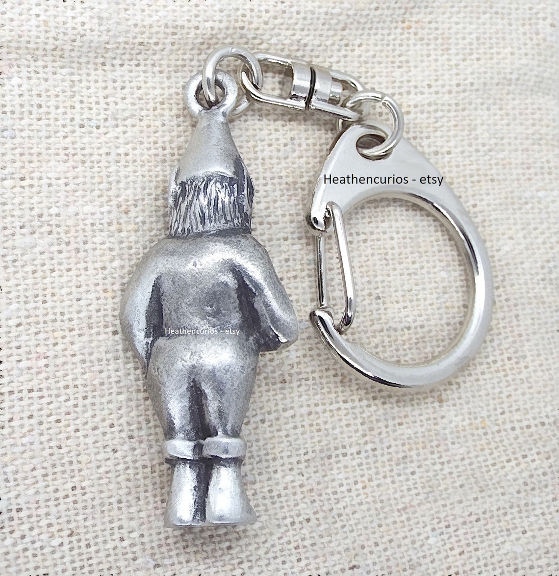 Garden Gnome Pewter Pushgate Keyring in Lemon Burlap Pouch - Etsy UK