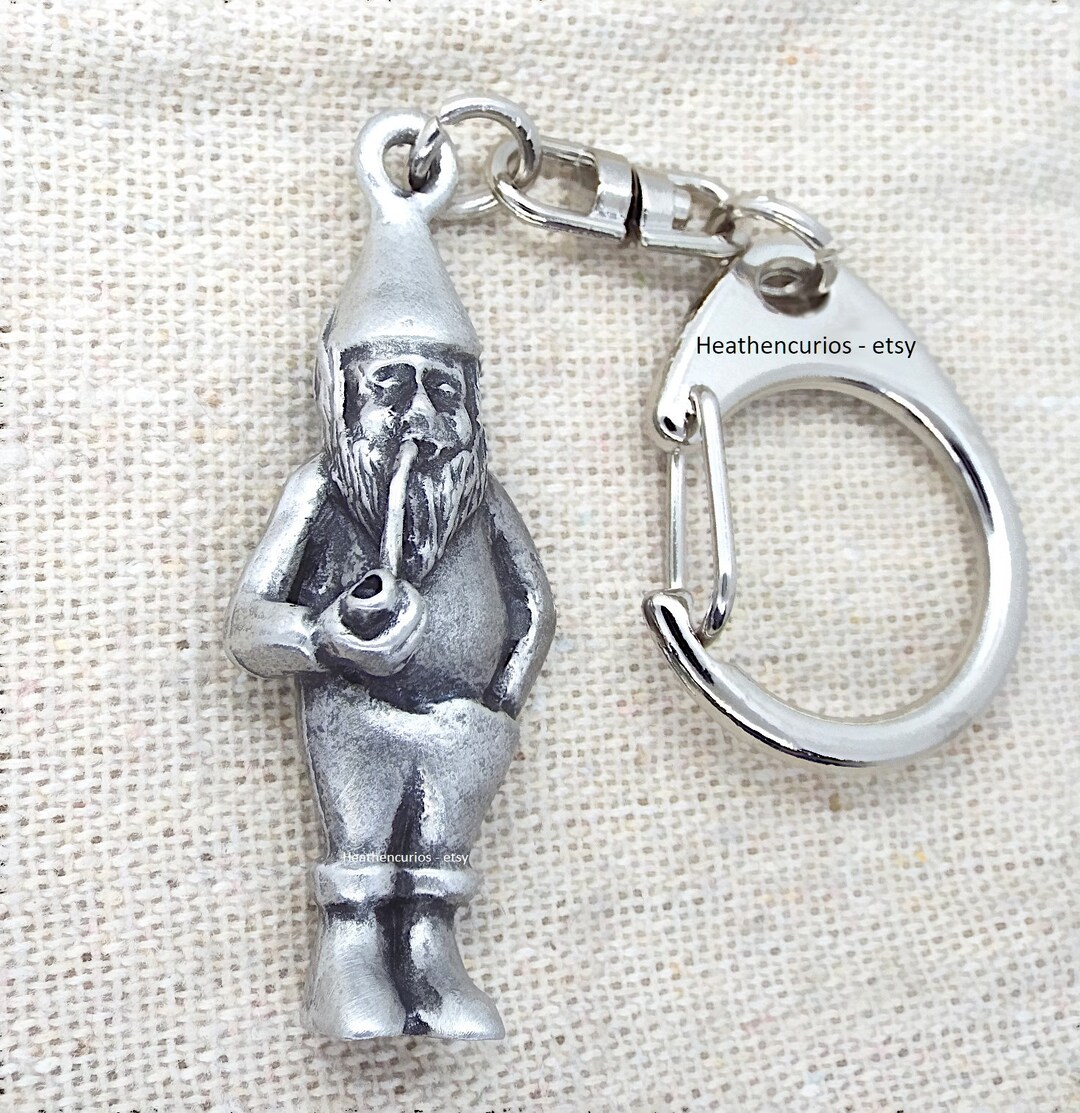 Garden Gnome Pewter Pushgate Keyring in a Grey Burlap Pouch - Etsy UK