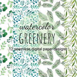 Watercolor Green Leaves and Branches Seamless Digital Paper for Instant ...