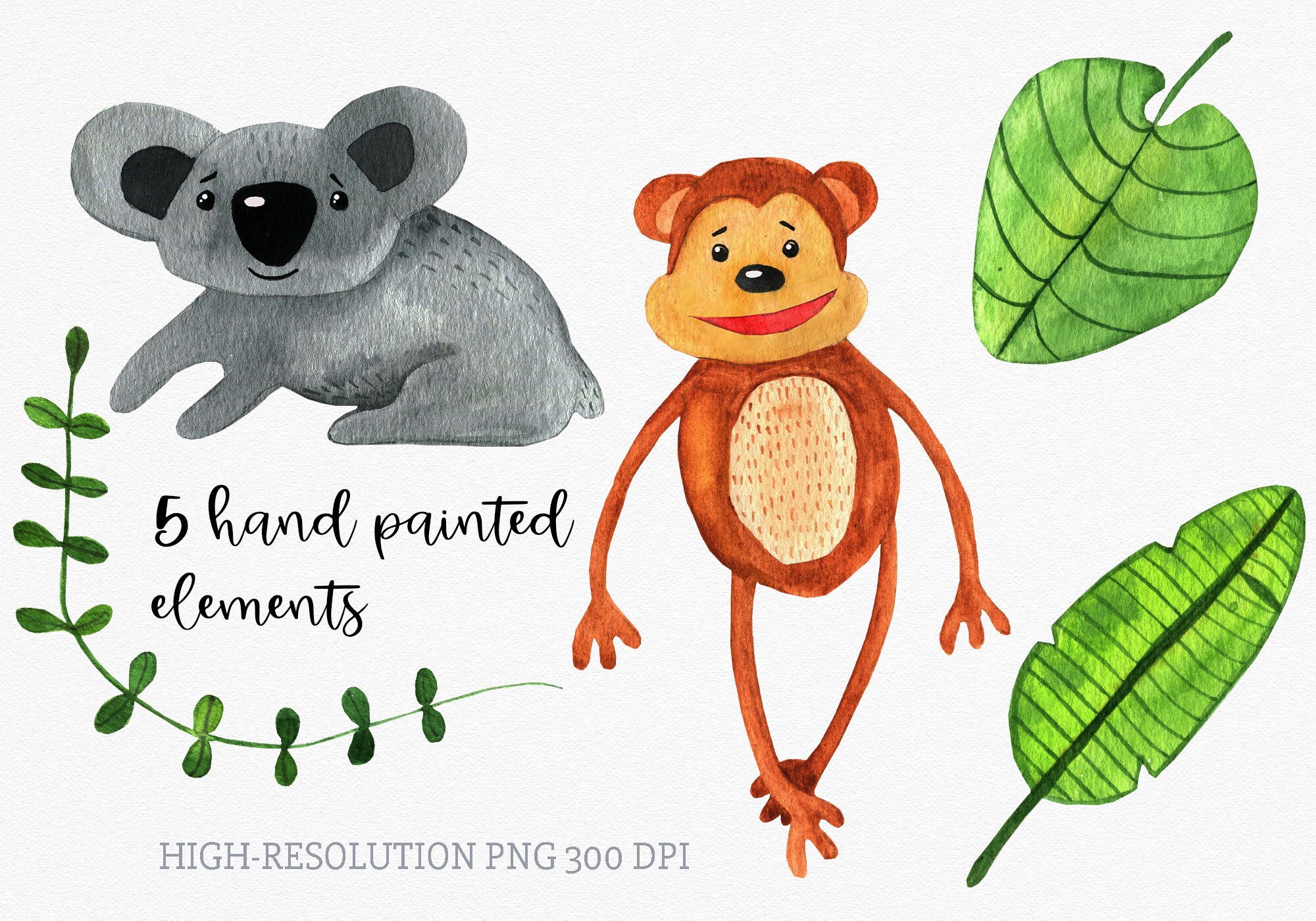 Jungle Baby Animals Clipart Set. Watercolor Baby Koala and Monkey ...