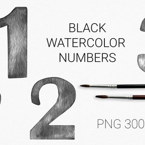 Black Watercolor Numbers Clipart. Numbers and Flowers Graphics. School ...