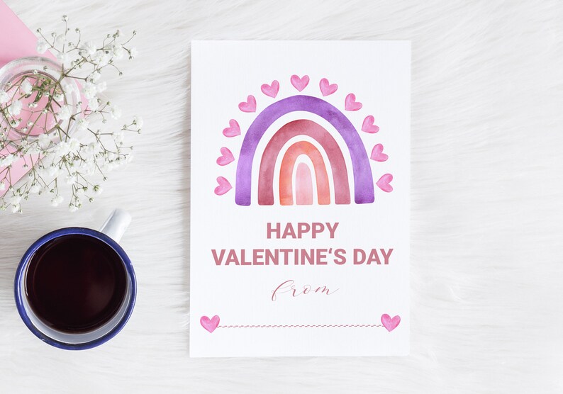 Pink Rainbow Printable Valentine's Card. Kid's Valentine Card. Boho ...