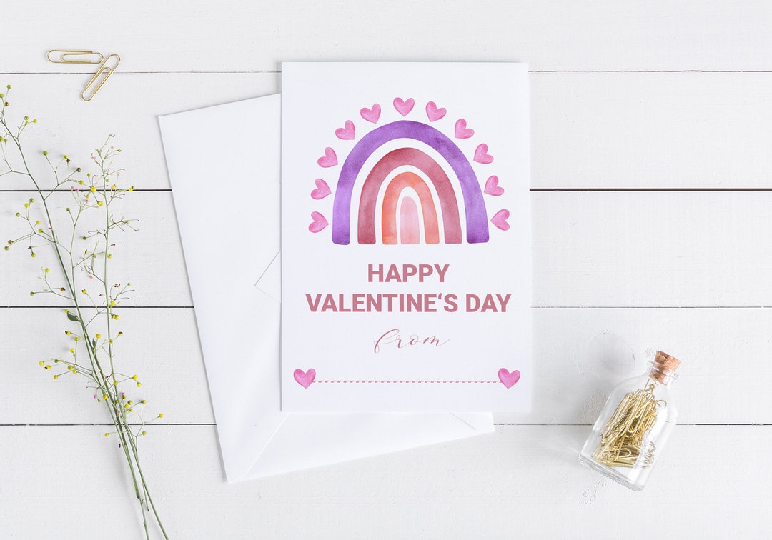 Pink Rainbow Printable Valentine's Card. Kid's Valentine Card. Boho ...