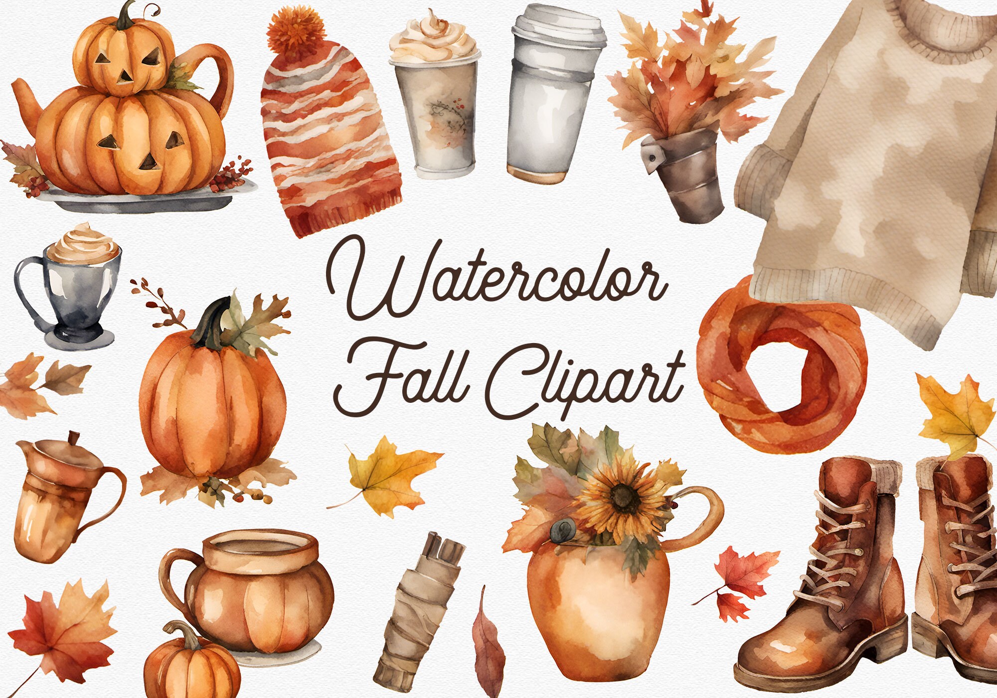 Cozy Fall, Watercolor Autumn Clipart, Halloween Pumpkins, Fall Png ...
