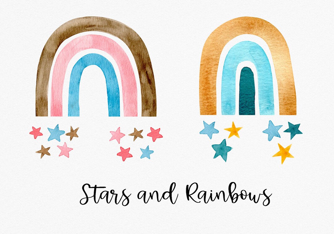 Watercolor Rainbow and Stars Clipart. Hand Painted Loose Nature Forms ...