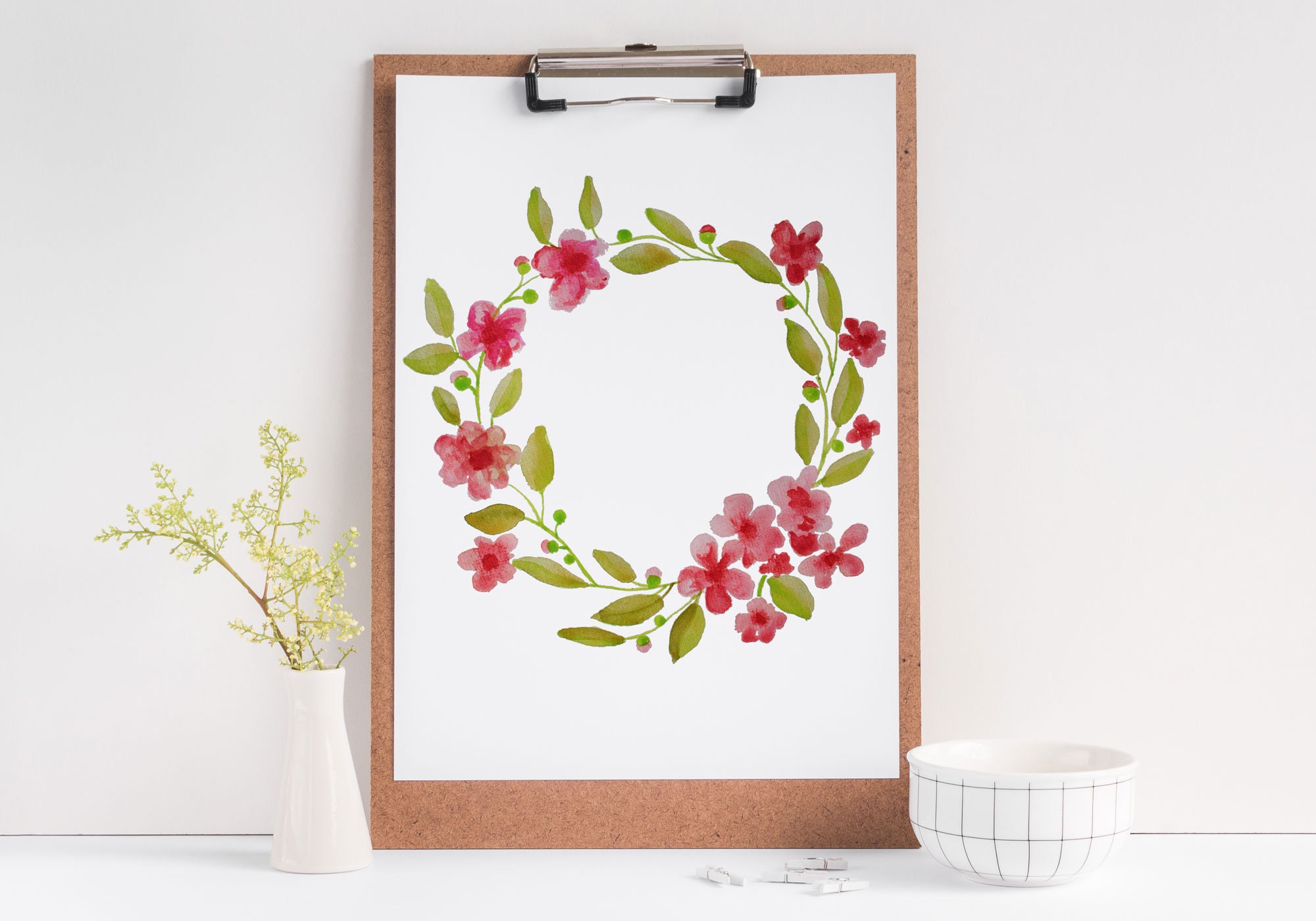 Hand Painted Blossom Watercolor Wreath Clipart. Red Green Wreath ...