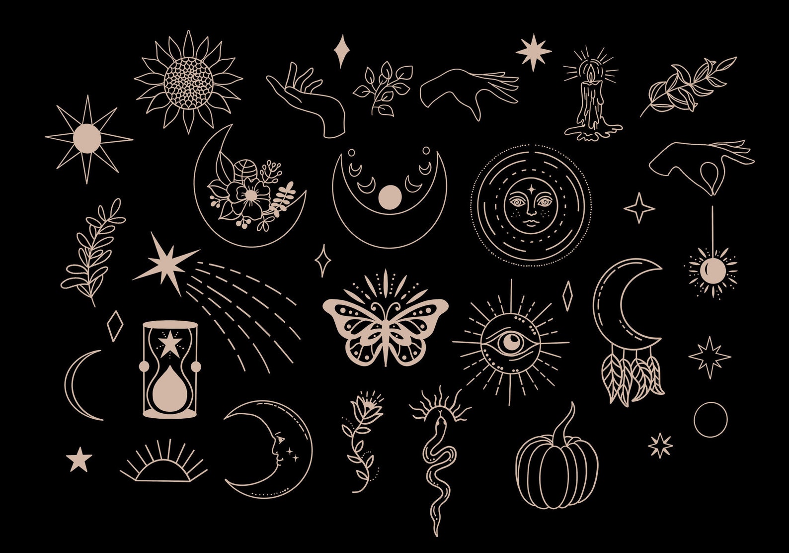 Mystery Celestial Clipart. Black White Beige Esoteric Pngs. Moon, Sun ...